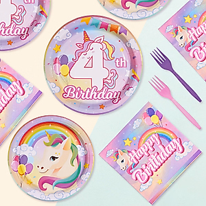 96 Pcs Unicorn 4th Birthday Party Decorations 350 GSM Disposable Rainbow Unicorn Plates and Napkins Tableware Set for Girls Unicorn Themed 4th Birthday Party Baby Shower Supplies Decorations Serves 24