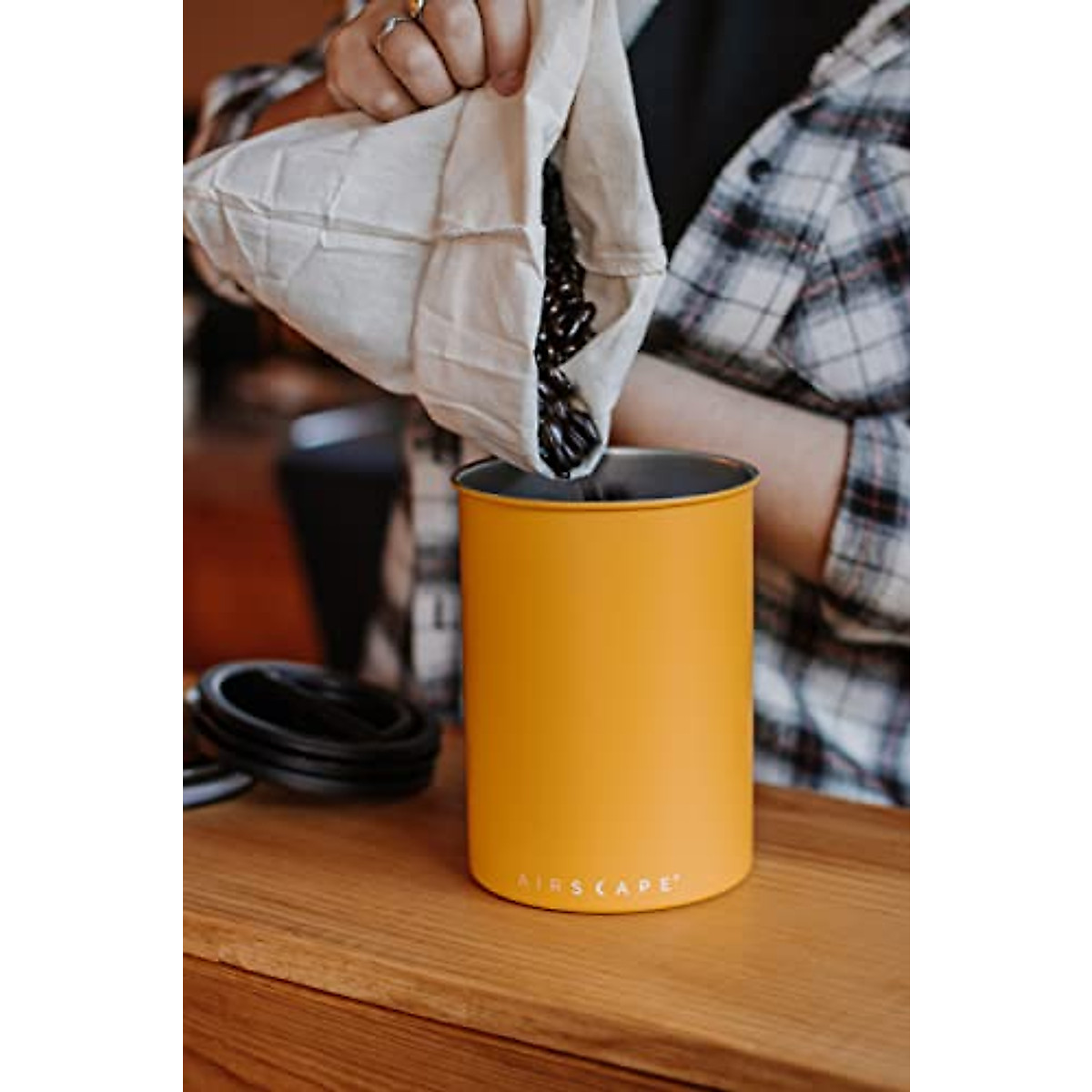 Planetary Design Airscape Stainless Steel Coffee Canister | Food Storage Container | Patented Airtight Lid | Push Out Excess Air Preserve Food Freshness (Medium, Matte Yellow)
