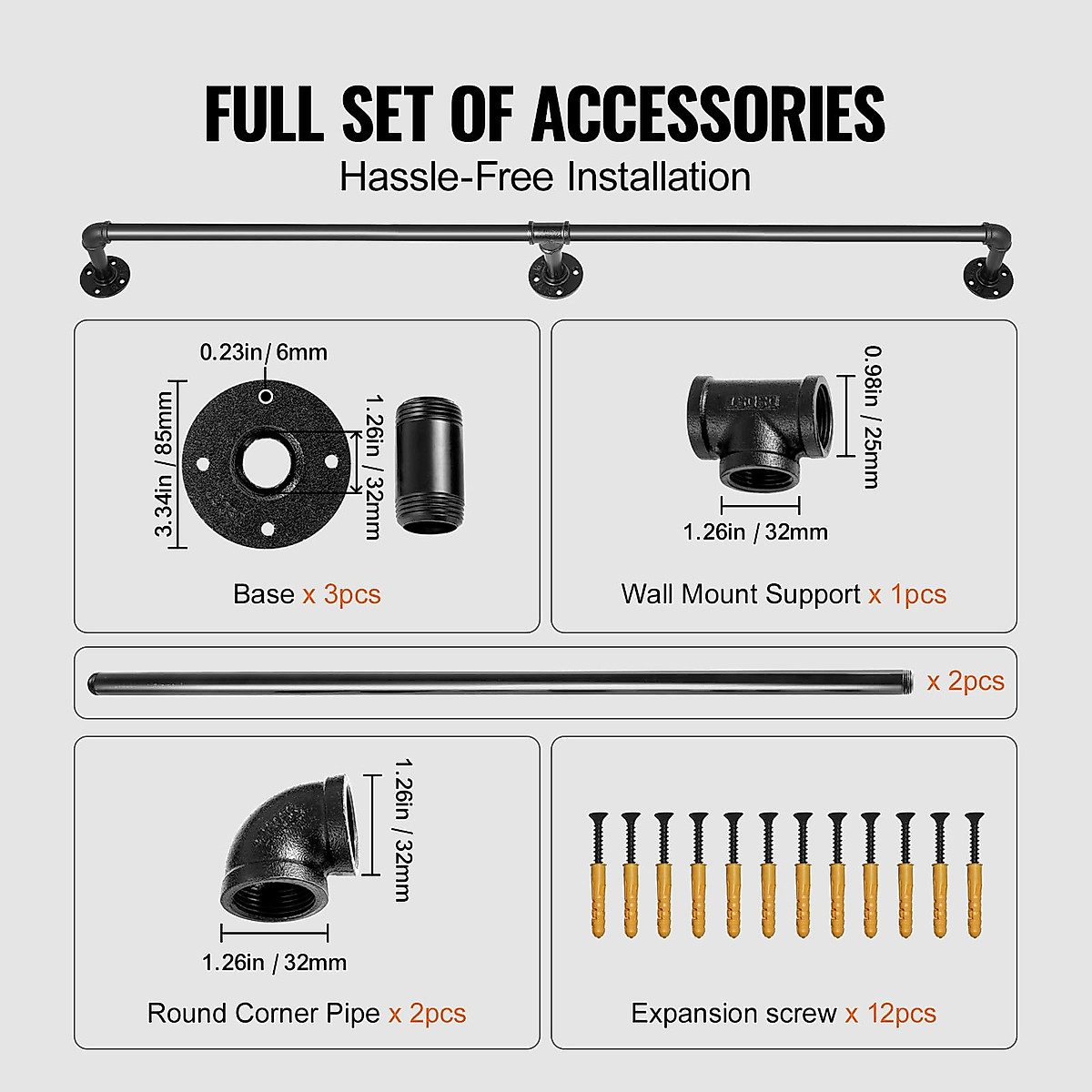 VEVOR Pipe Stair Handrail, 6FT Staircase Handrail, 440LBS Load Capacity Carbon Steel Pipe Handrail, Industrial Pipe Handrail with Wall Mount Support, Round Corner Wall Handrailings for Indoor, Outdoor