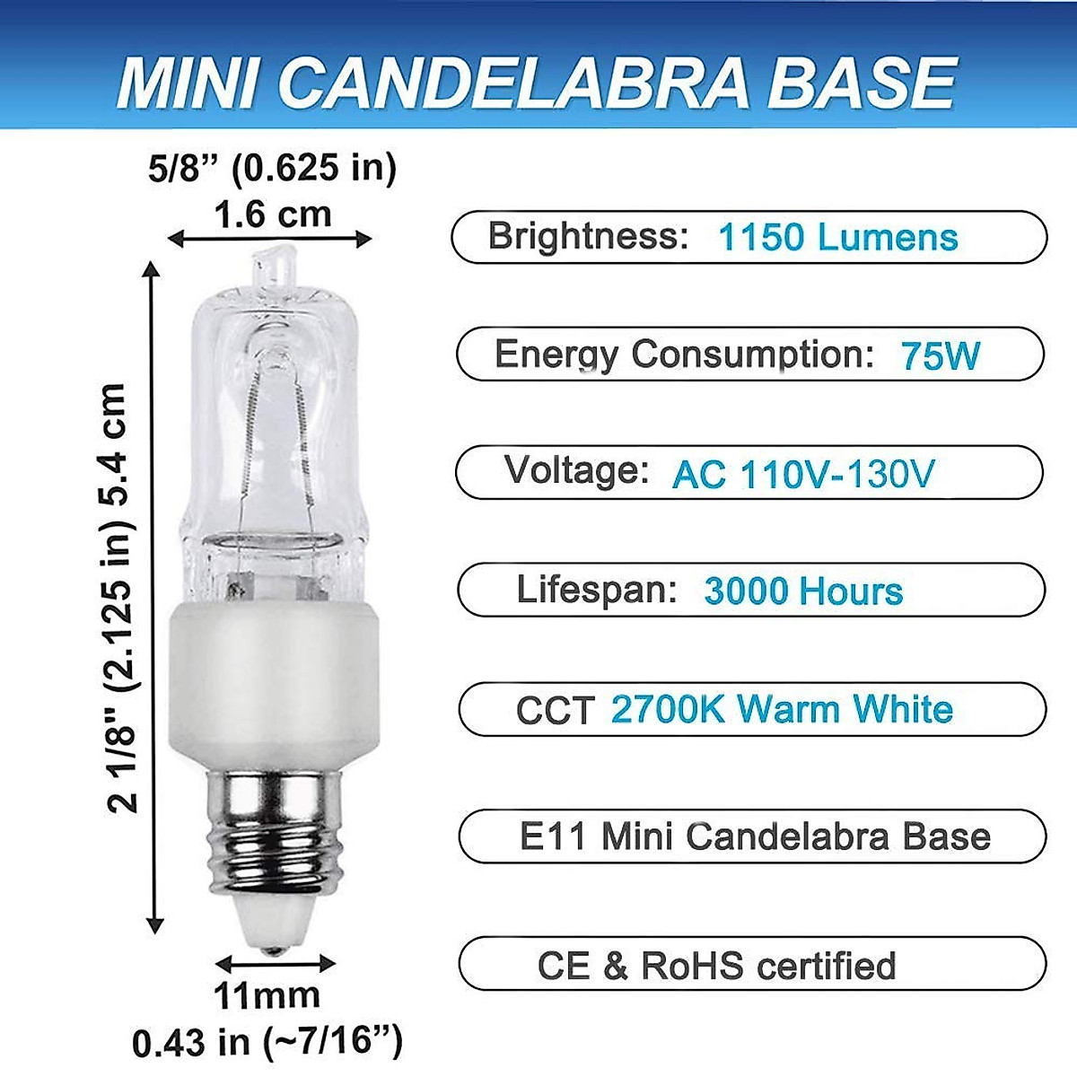 Vinaco E11 Bulb, JDE11 120v 75w Halogen Light Bulbs T4 E11 Bulb with E11 Mini Candelabra Base, High Output 1150lm E11 Halogen Bulb, 4PCS E11 Light Bulb with Warm White