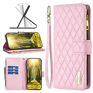 SUPWALL Wallet Case Compatible for iPhone 13 Pro | Flip Leather Case with Removable Wristlet Strap and 9 Card Holder | Magnetic Closure Case with Zipper for Men Women | Pink