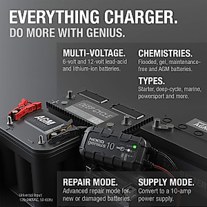 NOCO GENIUS10, 10A Smart Car Battery Charger, 6V and 12V Automotive Charger, Battery Maintainer, Trickle Charger, Float Charger and Desulfator for Motorcycle, ATV, Lithium and Deep Cycle Batteries