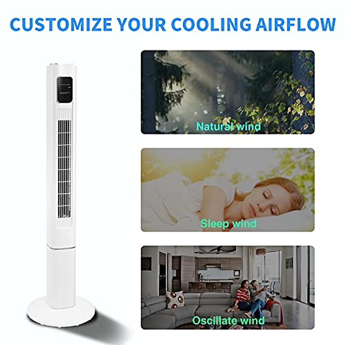 Antarctic Star Tower Fan Oscillating Fan Quiet Cooling Remote Control Powerful Standing 3 Speeds Wind Modes Bladeless Floor Fans Portable Bladeless Fan for Children Bedroom Home Office (White, 47")