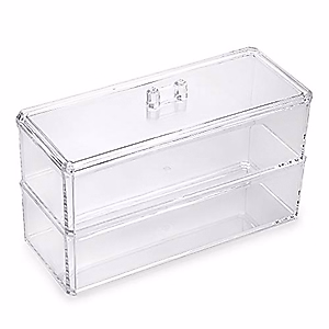Hipiwe Clear Acrylic Make Up Organizer Box Double Deck Dresser Container Case with Lid for Jewelry Cosmetic Bathroom Storage Holder for Cotton Ball and Swab, Cotton Pad, Q-tip (2 Compartment)