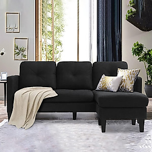 Grepatio Convertible Sectional Sofa Couch, L-Shaped Couch with Modern Linen Fabric for Small Space (Black)