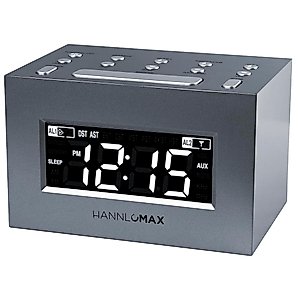 HANNLOMAX HX-111CR Alarm Clock Radio, PLL AM/FM Radio, Dual Alarm, White LED Display, Auto DST, Aux-in Jack. (Grey)