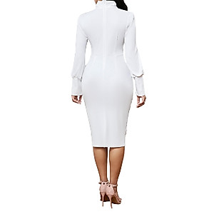 Elegant Church Dresses for Women Bodycon Long Sleeve Lace Cuffs High Neck Midi Pencil Dress Outfits Business Casual Clubwears for Work with Tie Bow(White,L)