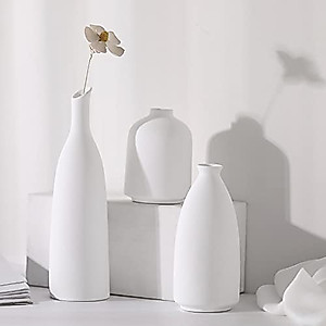 White Ceramic Vase for Decor, Small Flower Vases Set - 3 for Rustic Home Decor, Modern Farmhouse Decor, Living Room Decor, Book Shelf, Mantel and Minimalism Dining Coffee Table Decor