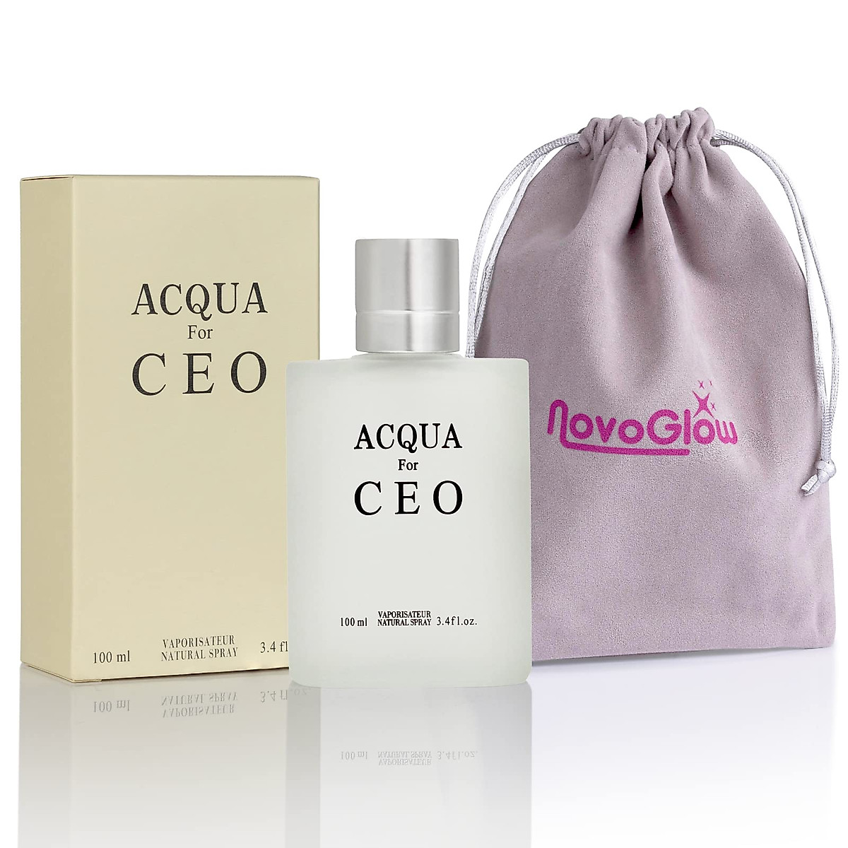 NovoGlow AQUA FOR CEO, Eau de Toilette Spray Perfume, Fragrance For Men- Daywear, Casual Daily Cologne Set with Deluxe Suede Pouch- 3.4 Oz Bottle- Ideal EDT Beauty Gift for Birthday, Anniversary
