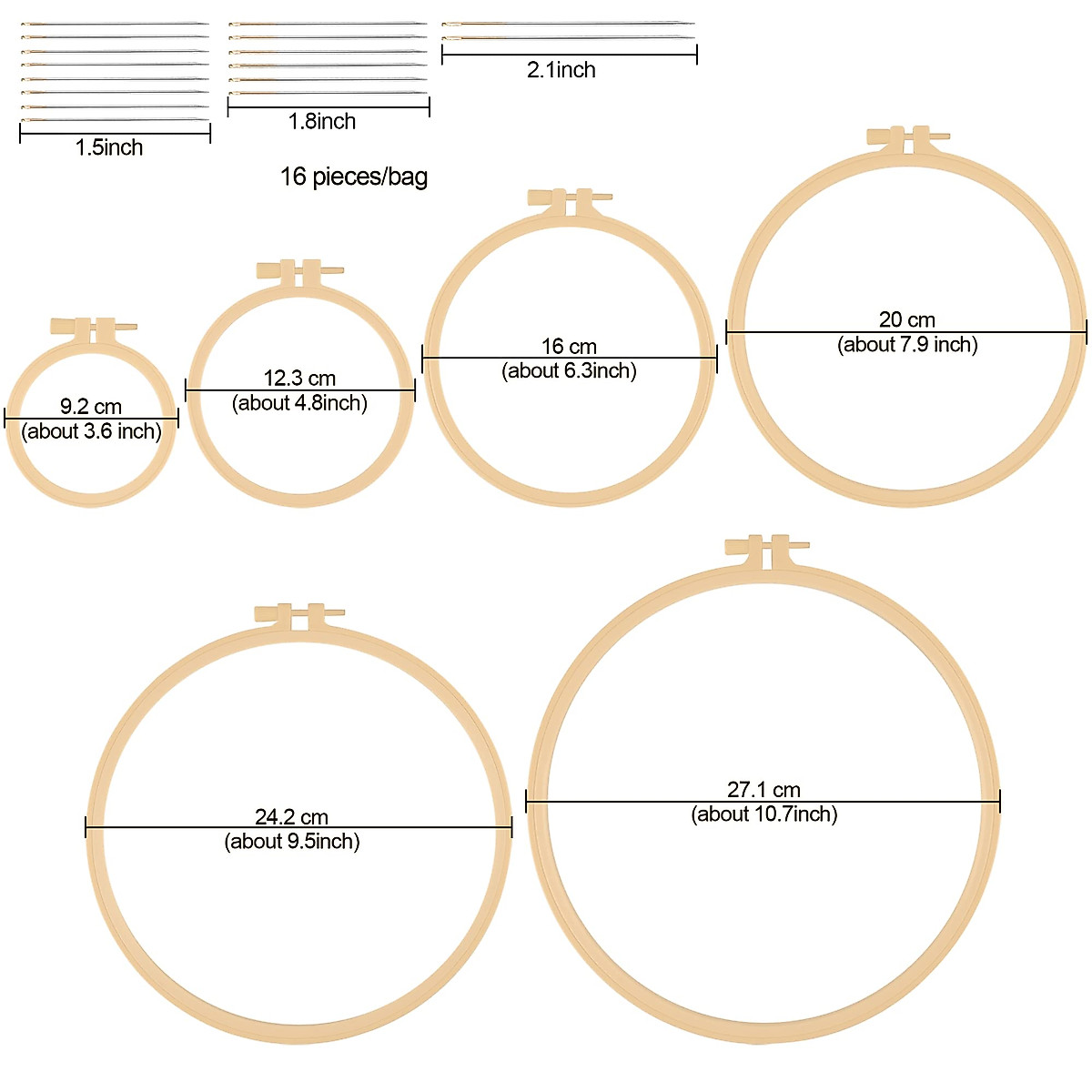 6 Pcs Embroidery Hoop 6 Size, Round Plastic Cross Stitch Hoop with 16 Needles (3.6In to 10.7 in), Small Embroidery Hoop, Cross Stitch Hoops and Frames, Suitable for Embroidery, Craft Sewing