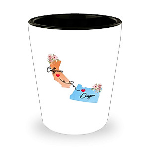 California Oregon Gifts | Long Distance State Ceramic Shot Glass | State to State | Away From Hometown Family | Moving Away Birthday Christmas Unique Gift for Men Women Friends Coworkers