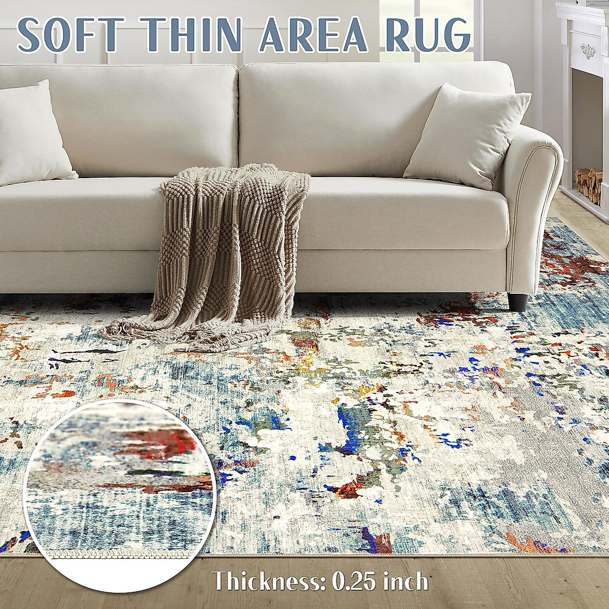 kakania 9x12 Living Room Area Rugs - Washable Modern Abstract Neutral Large Soft Indoor Rug Thin No Slip Floor Low Pile Carpet for Bedroom Dining Room Home Office Decor - Multi