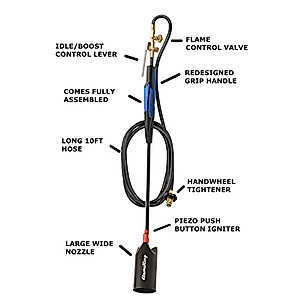 Flame King Propane Torch Kit Heavy Duty Weed Burner, 500,000 BTU with Push Button Piezo Ignitor (Self Igniting) , with 10-Ft Hose Regulator Assembly