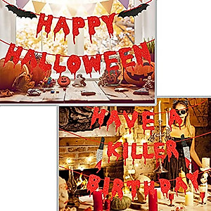 GETTERB 2 Pack Halloween Banner Decorations Red Glitter Hanging Garland Banner, Have a Killer Birthday Banner & Happy Halloween Banner Scary Vampire Horror Bloody Photo Prop Party Decor Supplies