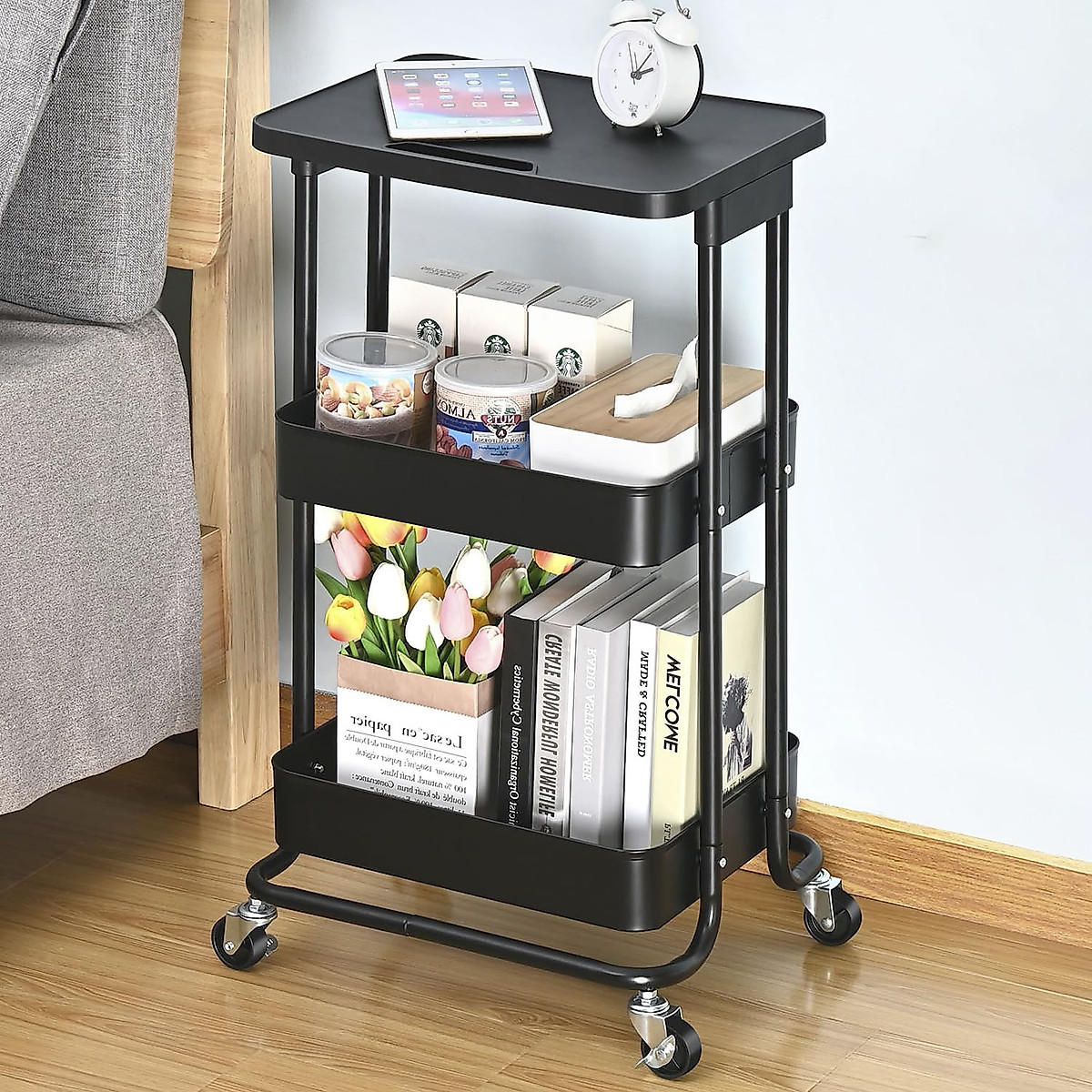 TOOLF 3-Tier Metal Rolling Storage Cart with Tabletop, Utility Rolling Carts with Wheels,Trolley Organizer with Handle for Library Office Classroom Home Bedroom, Black