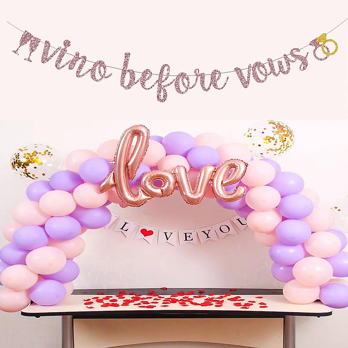 Vino Before Vows Banner Pre-Strung Garland for Bachelorette Bridal Shower Engagement Party Wine Winery Party Decorations (Rose Gold Glitter)