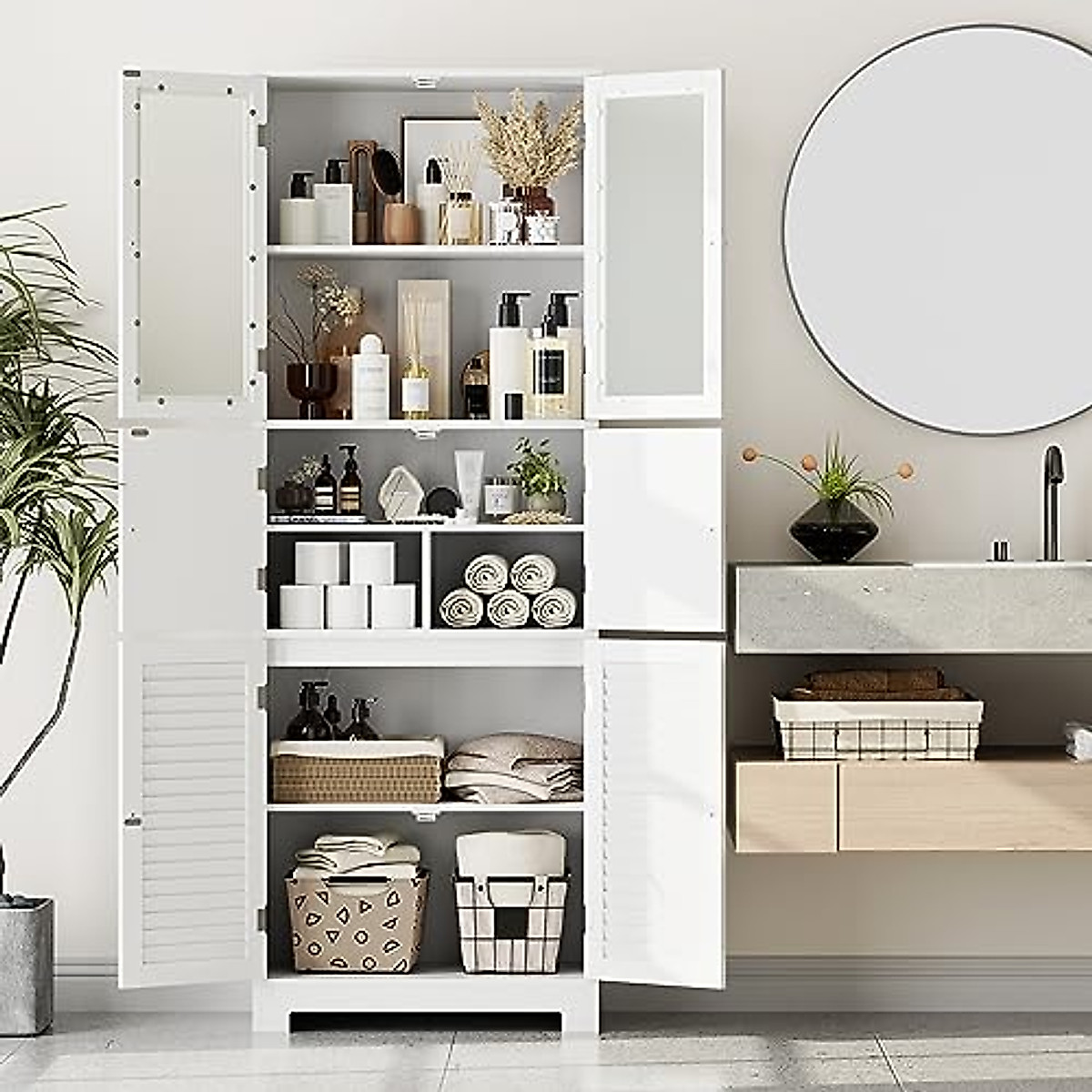 HOSTACK 67” Tall Kitchen Pantry Cabinet, Bathroom Storage Cabinet with Glass Doors and Shelves, Freestanding Floor Cabinet Cupboard for Bathroom, Living Room, Home Office, White