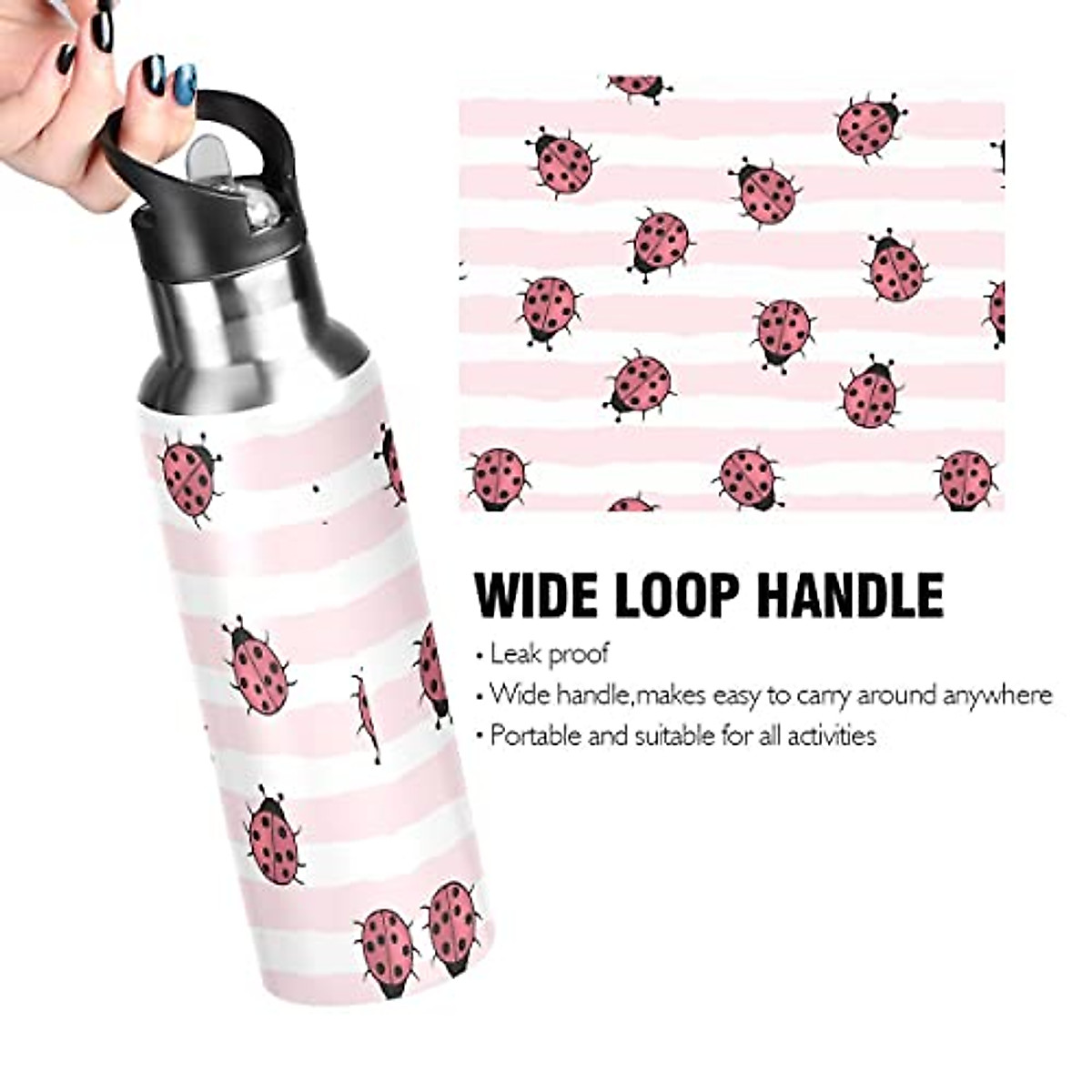 xigua Ladybug Water Bottle Double Walled Stainless Steel Leak Proof Thermo Flask for Sports Gym Cycling Outdoor,20 oz.