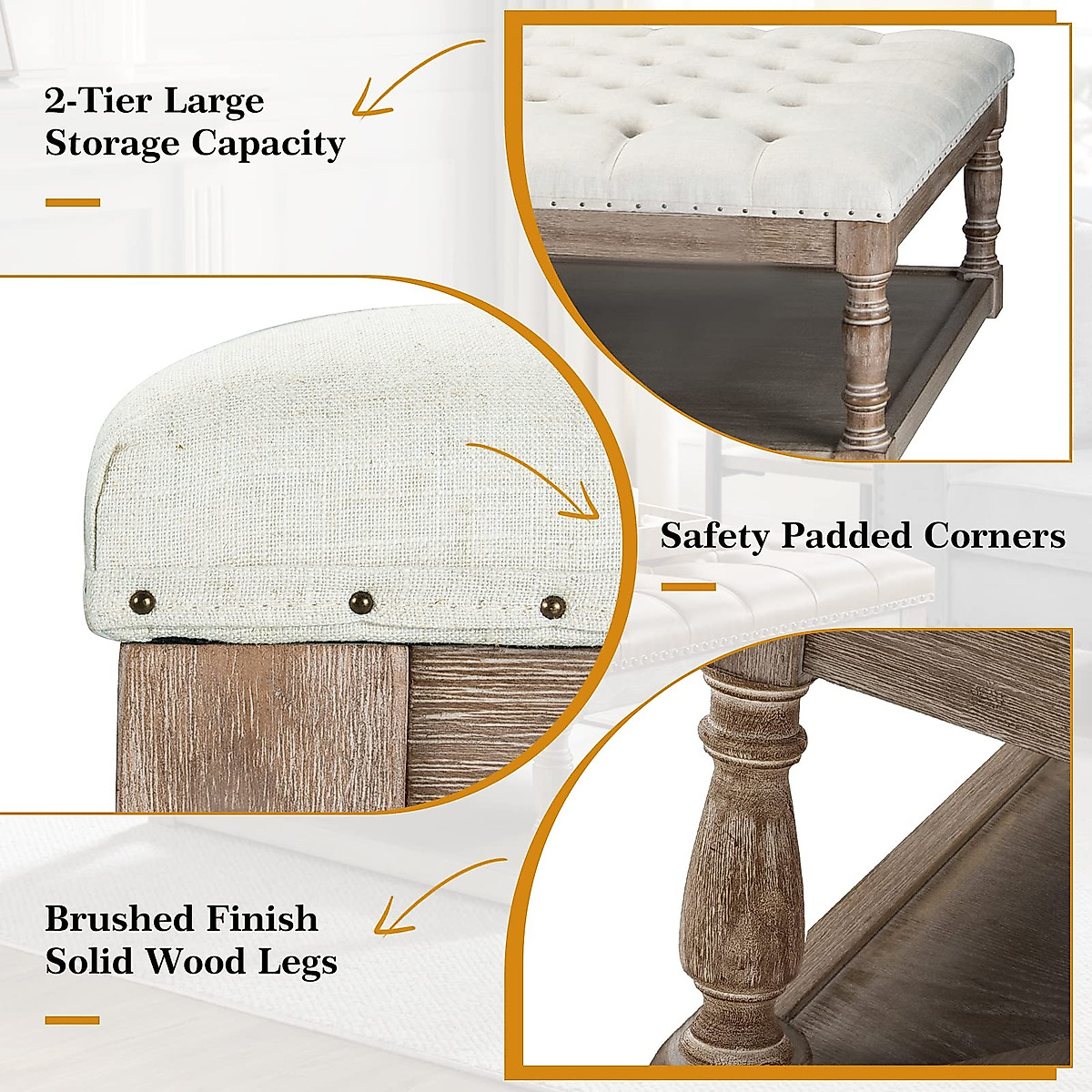 HULALA HOME Large Leather Square Ottoman Coffee Table with Storage, Button Tufted Brown Cocktail Ottoman with Shelf & Solid Wood Legs, Upholstered Farmhouse Footrest Ottoman for Living Room