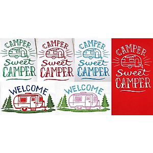 RV Camping Decor - Embroidered Flour Sack Towel - Red on White - Camper Sweet Camper - Handmade by Green Acorn Kitchen