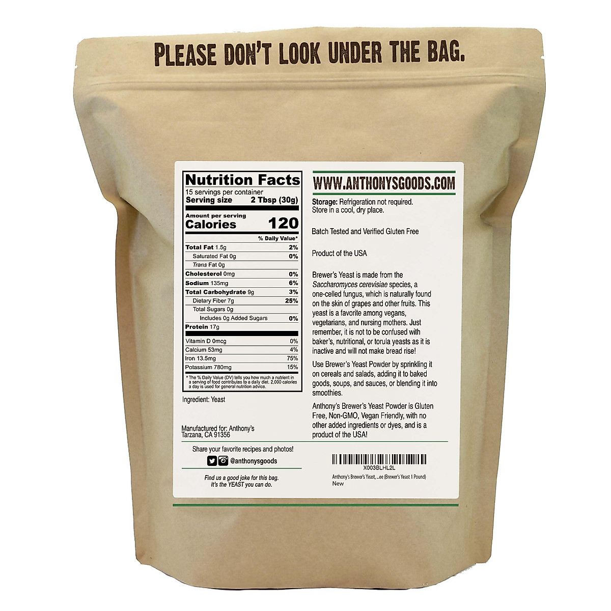 Anthony's Brewer's Yeast, 1 lb, Made in USA, Gluten Free, For Lactation Support, Unflavored, Unsweetened