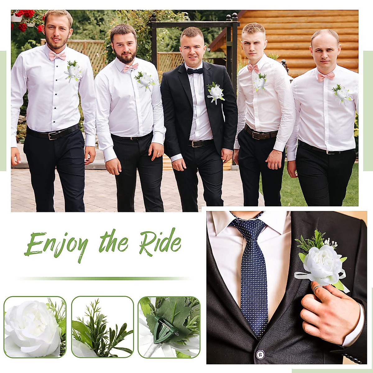 Jexine 12 Pcs Rose Wrist Corsage Wristlet Band Bracelet and Men Boutonniere Set White Flower Corsage Wrist Flowers and Boutonniere Buttonholes for Wedding Flowers Accessories Decor