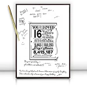 Framed Sweet 16 Birthday Decorations for Boy or Girl 12"X16" With Pen & Wall Hanger, 16th Birthday Decorations Party Favor Sign Poster, Guest Book Alternative, Jumbo Sweet 16 Card for Boys & Girls