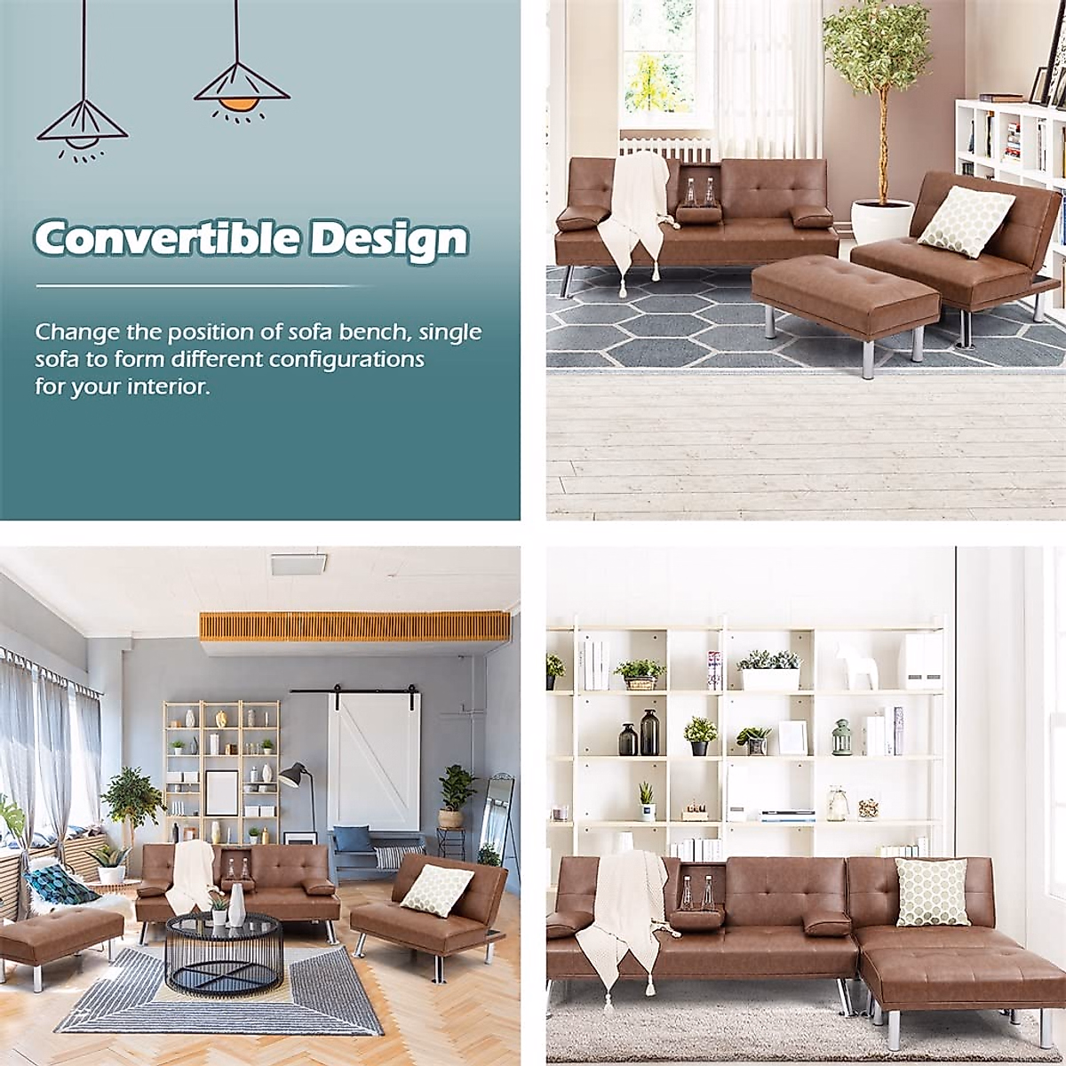 FANCUF 3-Piece Sectional Sofa Set Convertible Futon W/Single Sofa&Ottoman