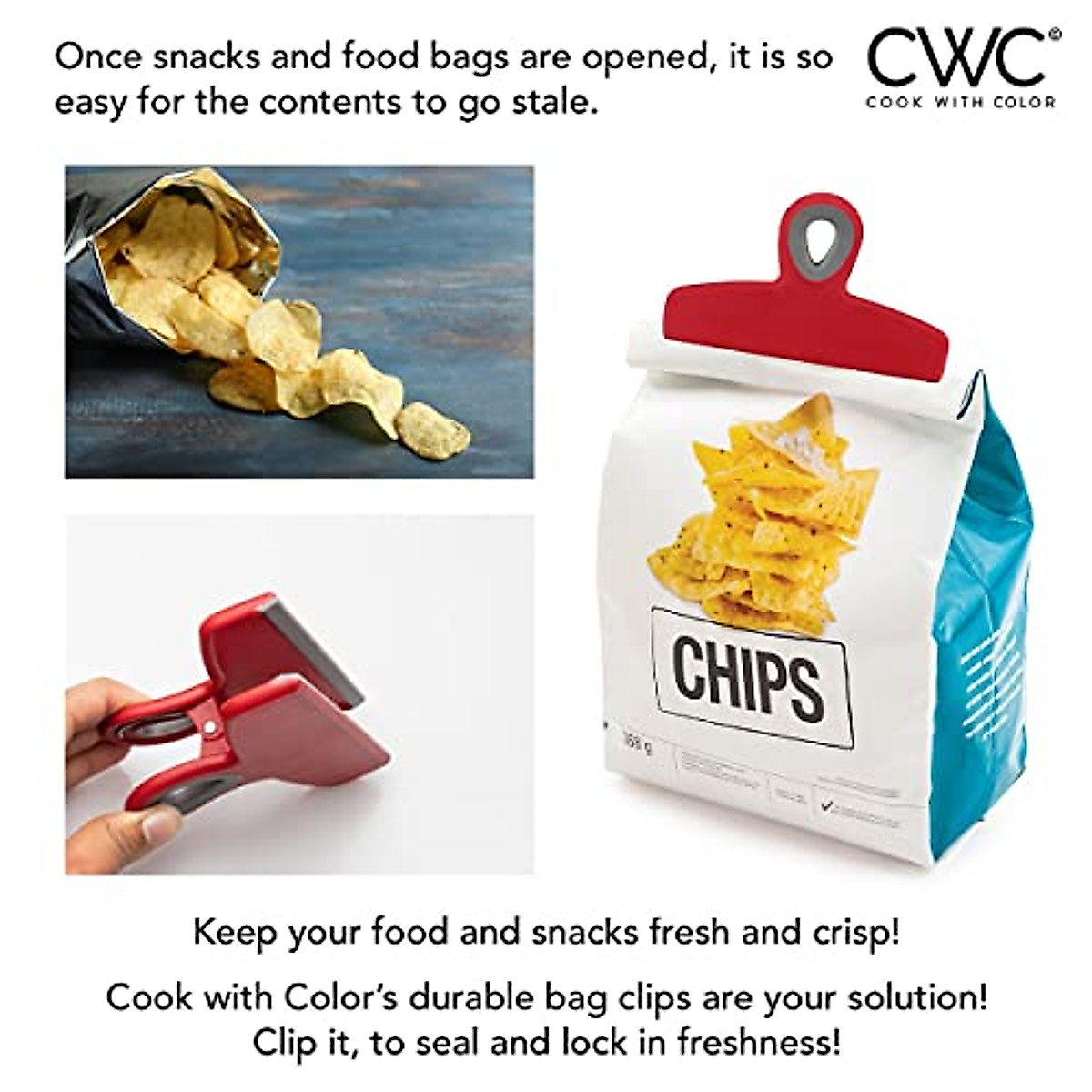 COOK WITH COLOR Bag Clips - Heavy Duty Chip Clip and Refrigerator Magnet Clips for Food Storage with Air Tight Seal Grip, Red, Pack of 4 Large Clips
