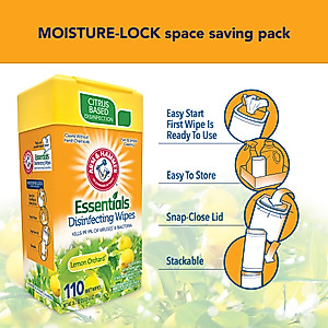 Arm & Hammer Essentials Disinfecting Wipes, Lemon Orchard 2-Pack, 110 Count, 220 Wipes, Volcano