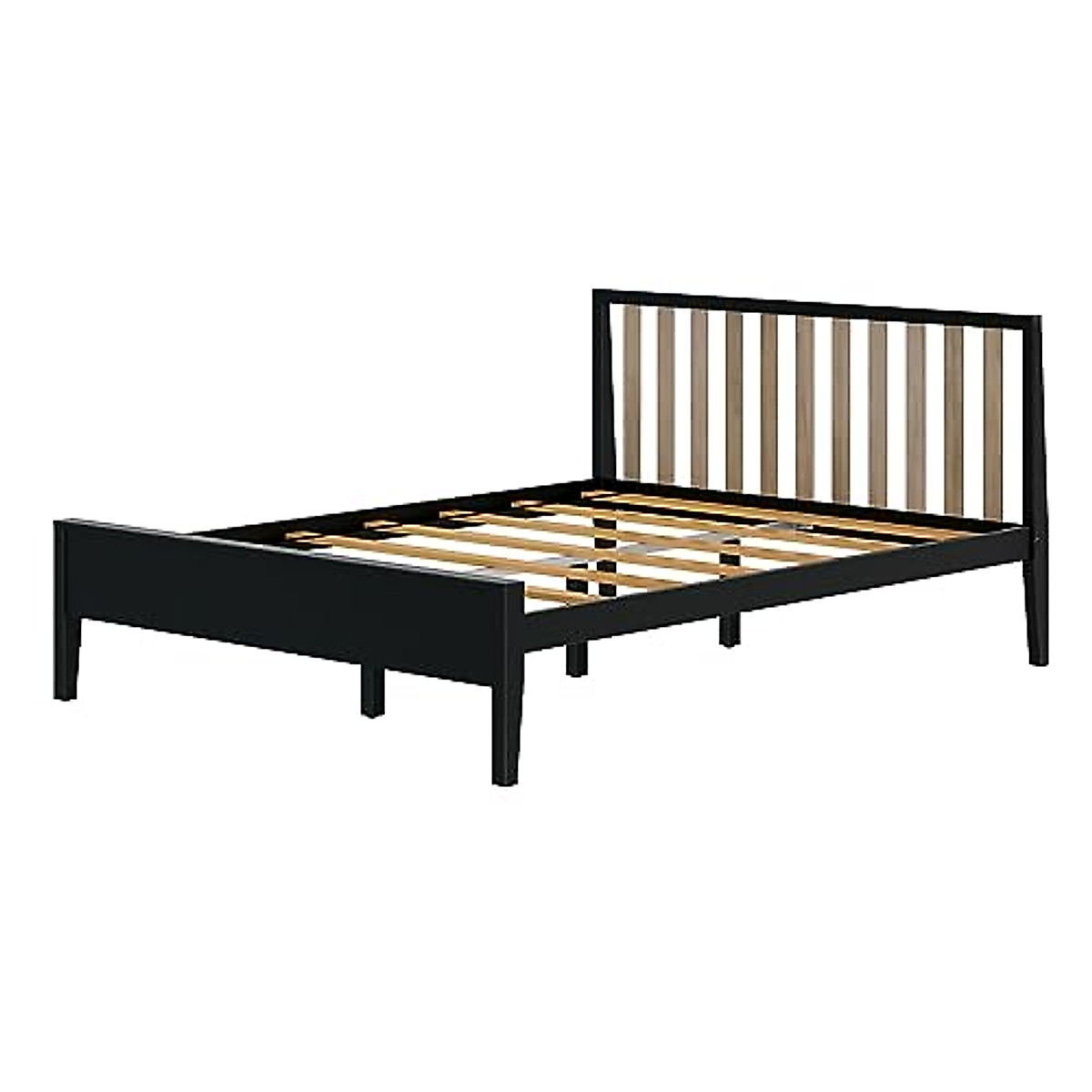 Plank+Beam Modern Solid Wood Queen Bed Frame with Slatted Headboard, Scandinavian Platform Bed with Wood Slat Support, Easy to Assemble, Black/Blonde