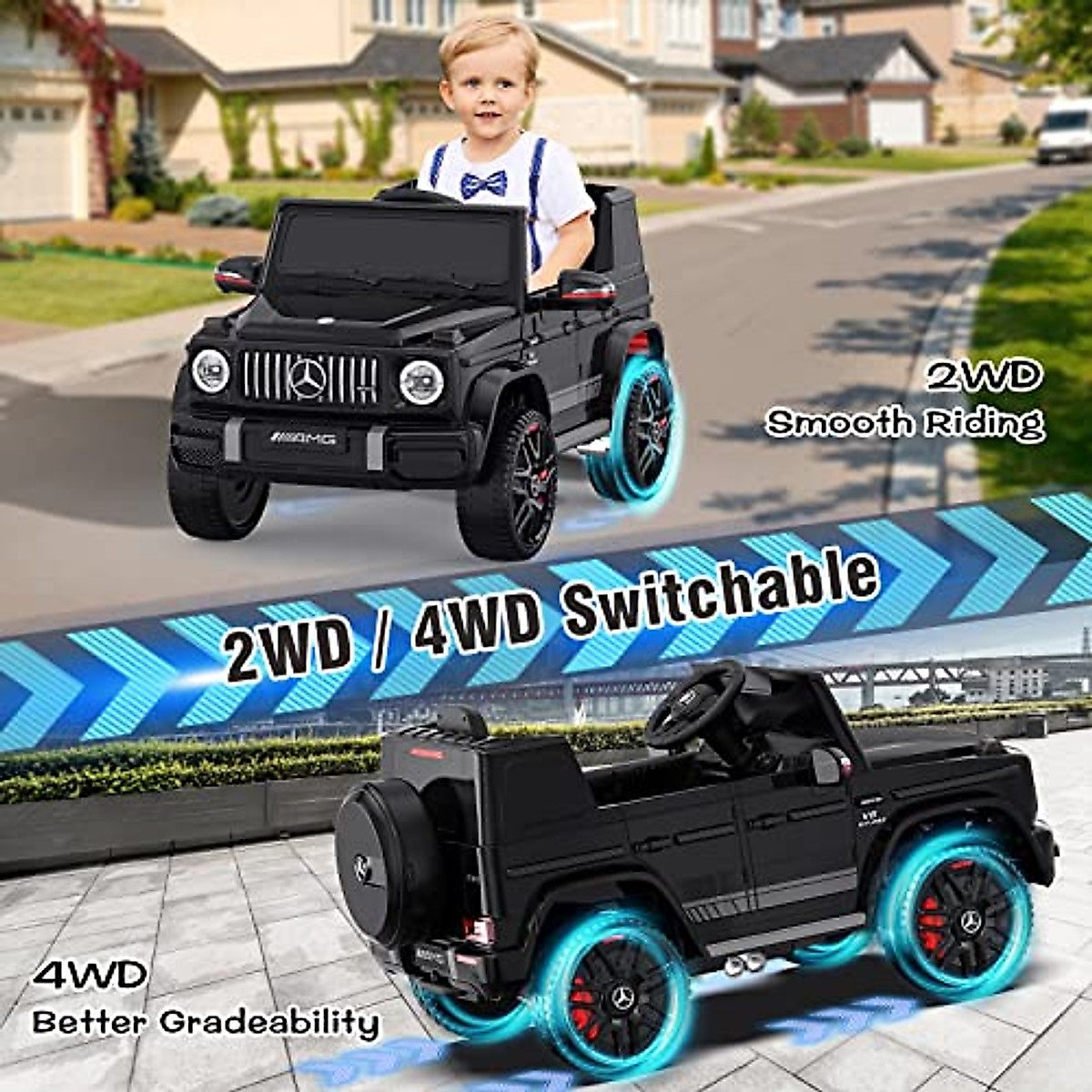 ANPABO 24V 4WD Licensed Mercedes-Benz G63 Ride on Car w/Parent Remote Control, 4WD/2WD Switchable, Real-Time Battery Level, LED Headlight & Music Player, Ideal Electric Car for Kids, Black