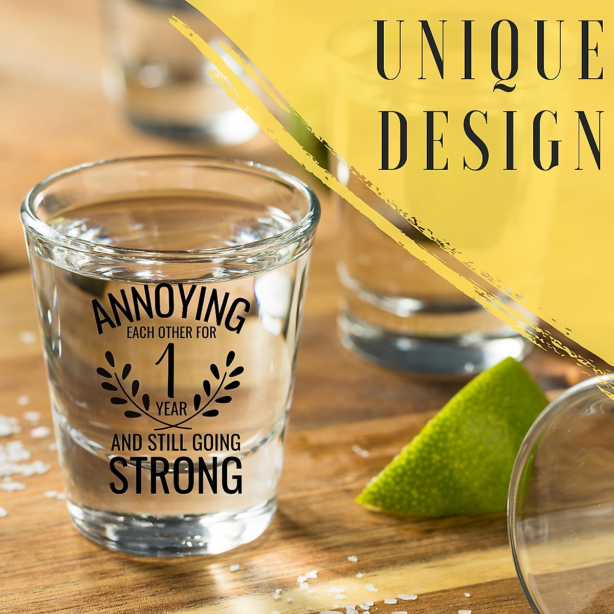 Onebttl Anniversary Cups for Couples, 1 Year Anniversary Funny Gifts for Boyfriend Girlfriend, 1.5 oz (45 ml) Shot Glasses Set of 2 - Annoying Each Other But Still Strong