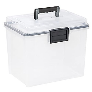 IRIS USA 19 Quart WEATHERPRO Plastic Office Storage Portable Letter Size File Box with Organizer-Lid and Seal and Secure Latching Buckles, Weathertight, Clear with Black Buckle, 1 Pack