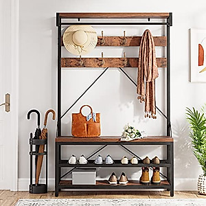 Amyove Large Coat Rack Shoe Bench, 4-in-1 Hall Tree Shoe Rack for Entryway, 3-Tier Storage Shelf and Hooks Removable, Industrial Accent Furniture with Heavy Duty Steel Frame 39.9"x15.7"x72"