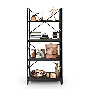 Fencer Wire 4 Tier Free Standing Shelf, 24 Inch Width Bookshelf, Bookcase Shelf Storage Organizer, Industrial Book Shelves for Home Office, Living Room, Kitchen, Black Wooden Shelves & Metal Frame