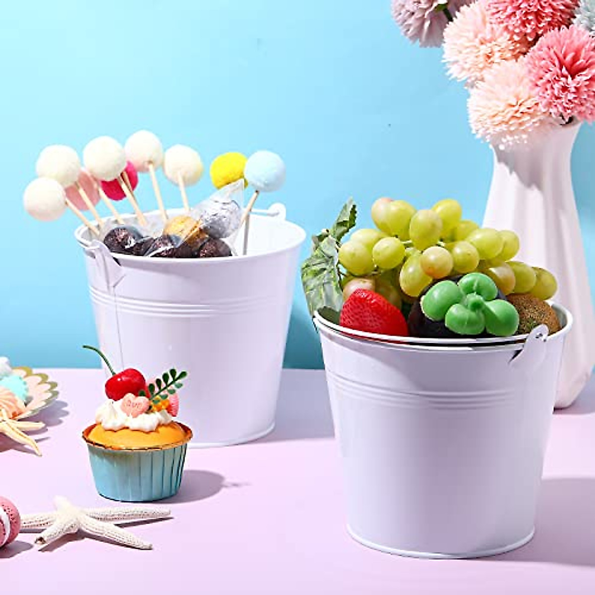 Rtteri 24 Pcs Metal Bucket, Small Metal Bucket, Party Favor Buckets with Handle, 6 x 5 Inch Ice Bucket for Kids, Flower Pot Plant Basket, Mini Toy Containers for Crafts Candy (White)