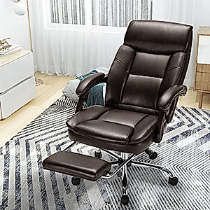 Executive Office Chair, Ergonomic Big and Tall Leather Swivel Rolling Managerial Reclining Computer Desk Task Chair, Adjustable High Back Recliner Chair with Padded Armrests and Retractable Footrest