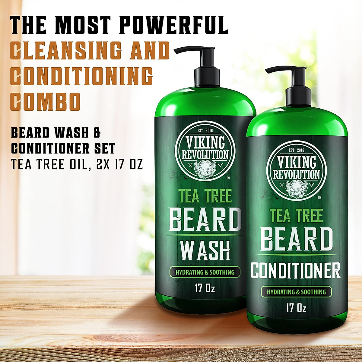 Viking Revolution Tea Tree Oil Beard Wash and Beard Conditioner For Men - Natural Beard Softener Set with Argan Oil, Vitamin E and Ginseng - Beard Shampoo and Conditioner Set (17 Oz)