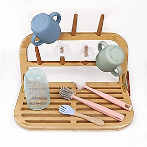 SILICOCO Baby Bottle Drying Rack, Bamboo Dish Drying Rack Foldable Organizer Holder with Locking Buckle, Baby Bottle Holder for Plastic Bags, Cups, Accessories