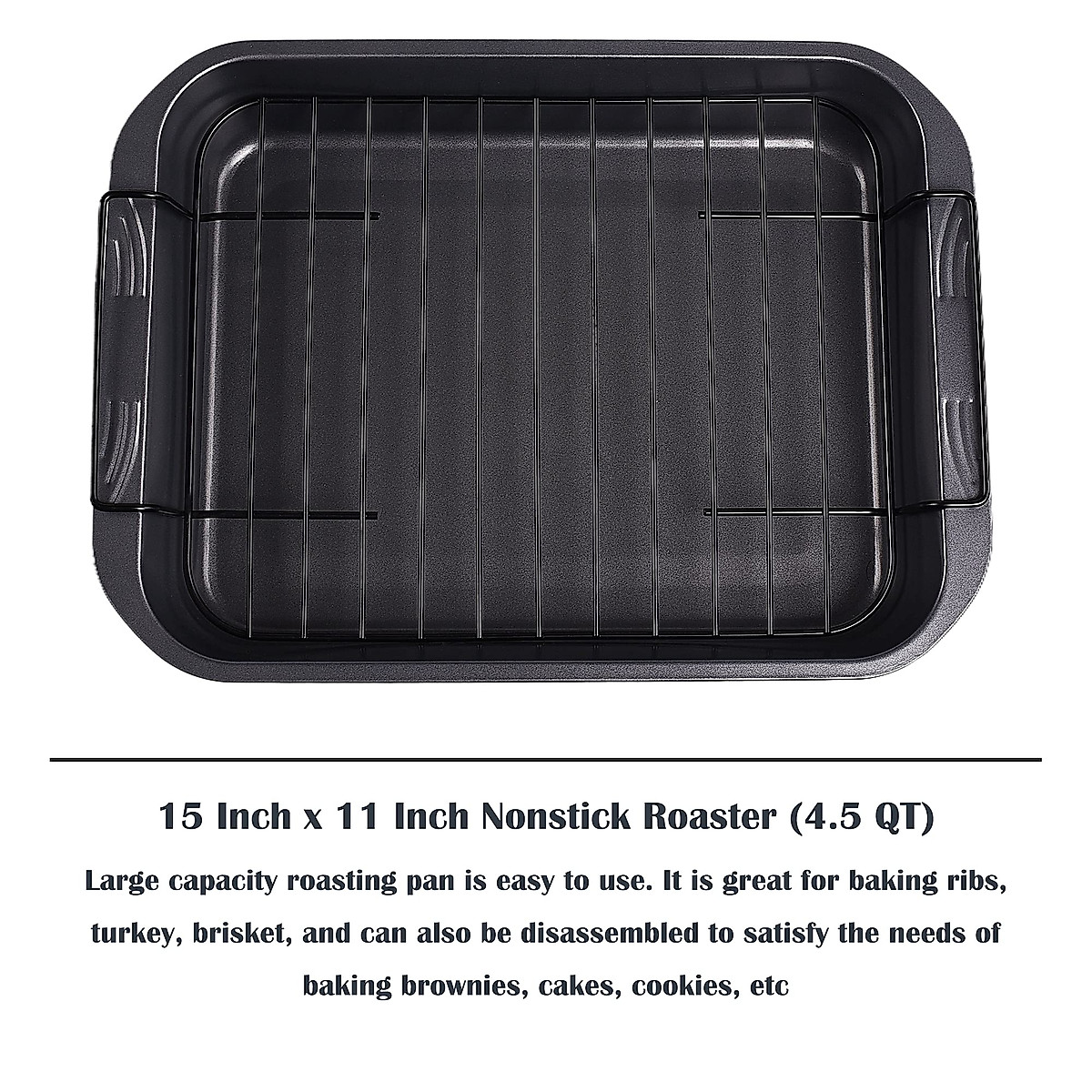 kitCom Bakeware Nonstick Roaster, Nonstick Roasting Pan with Rack, Great For Roast Chicken, Roasts And Turkeys - 15 Inch x 11 Inch (5.8 QT), Gray