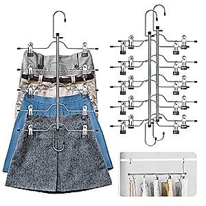 CINKSY Pants Skirt Hangers Space Saving 5 Tier Metal Skirt Hanger with Adjustable Clips Pants Trouser Hangers Closet Organizer for Jeans, Slacks, Shorts - 3 Pack