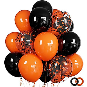 Orange and Black Balloons 50 Pack 12 Inch Black Orange Confetti Balloon Halloween Latex Party Balloons with 2 rolls of ribbon for Halloween Birthday Party Decorations
