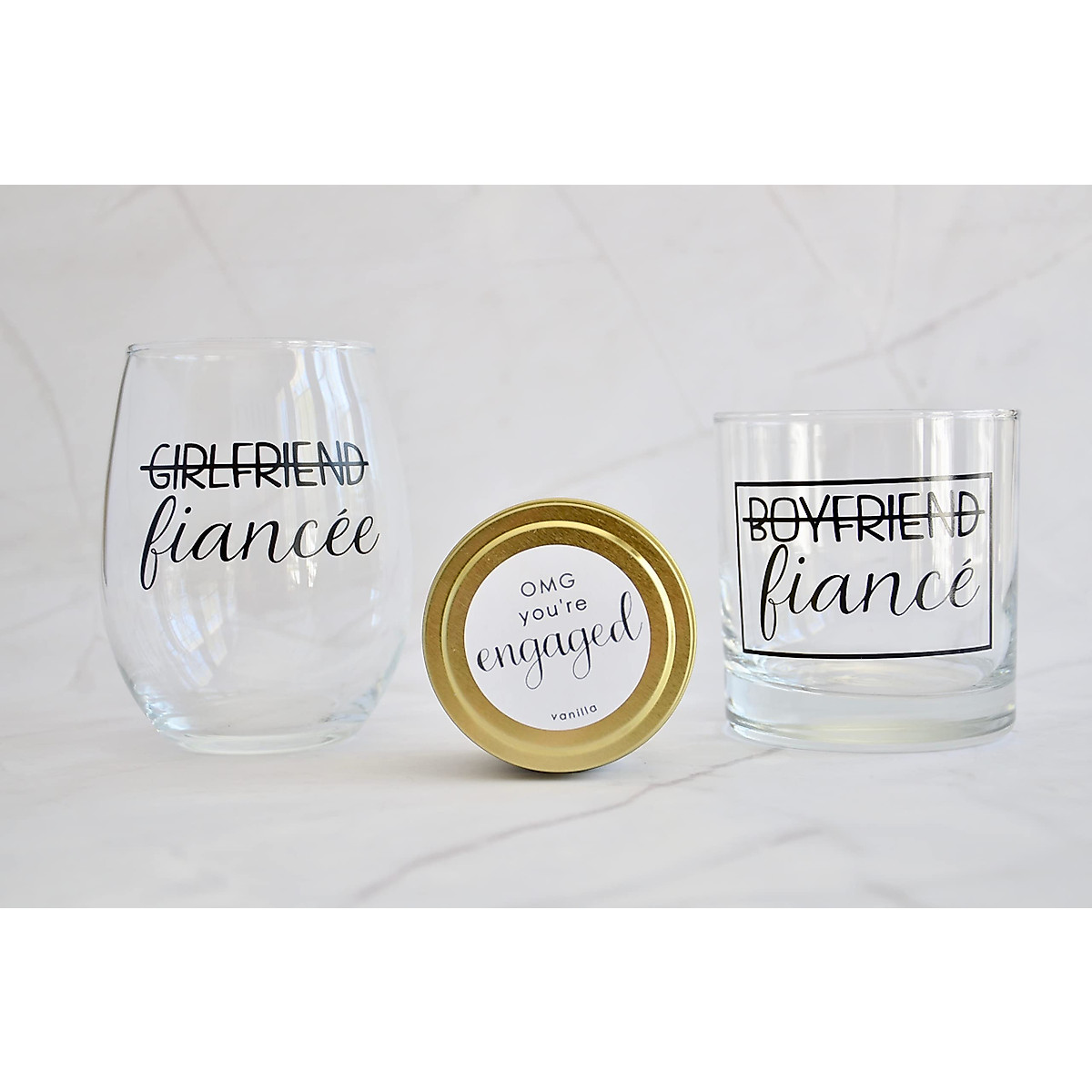 Engagement Gift Set for Couples - Boyfriend and Girlfriend Wine and Whiskey Glass With Candle - Fiance Fiancee Gift for Him and Her - His and Hers With Vanilla Scented Candle For Mr and Mrs