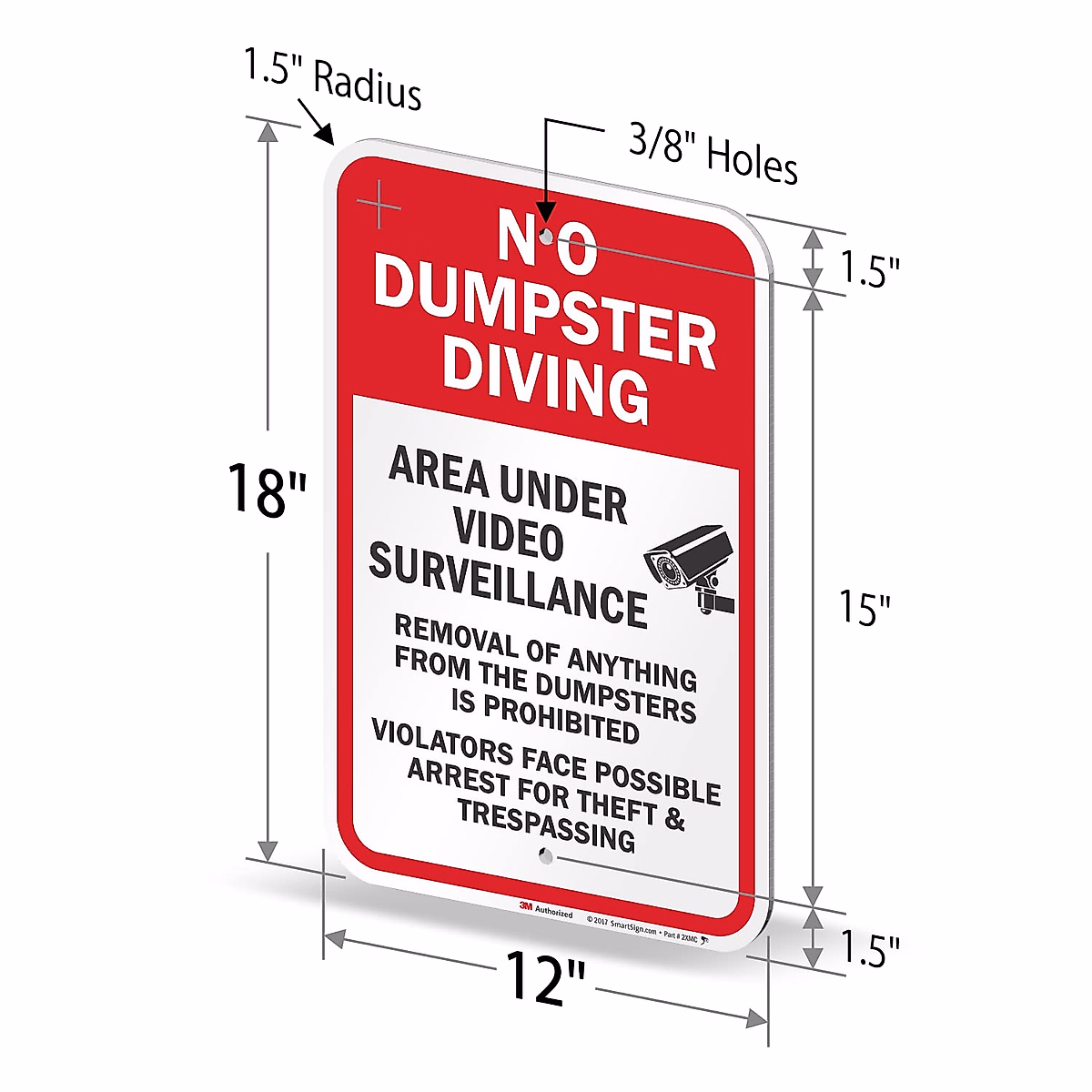 SmartSign 18 x 12 inch “No Dumpster Diving - Area Under Video Surveillance” Sign, 63 mil Aluminum, 3M Laminated Engineer Grade Reflective Material, Red, White and Black, Made in USA