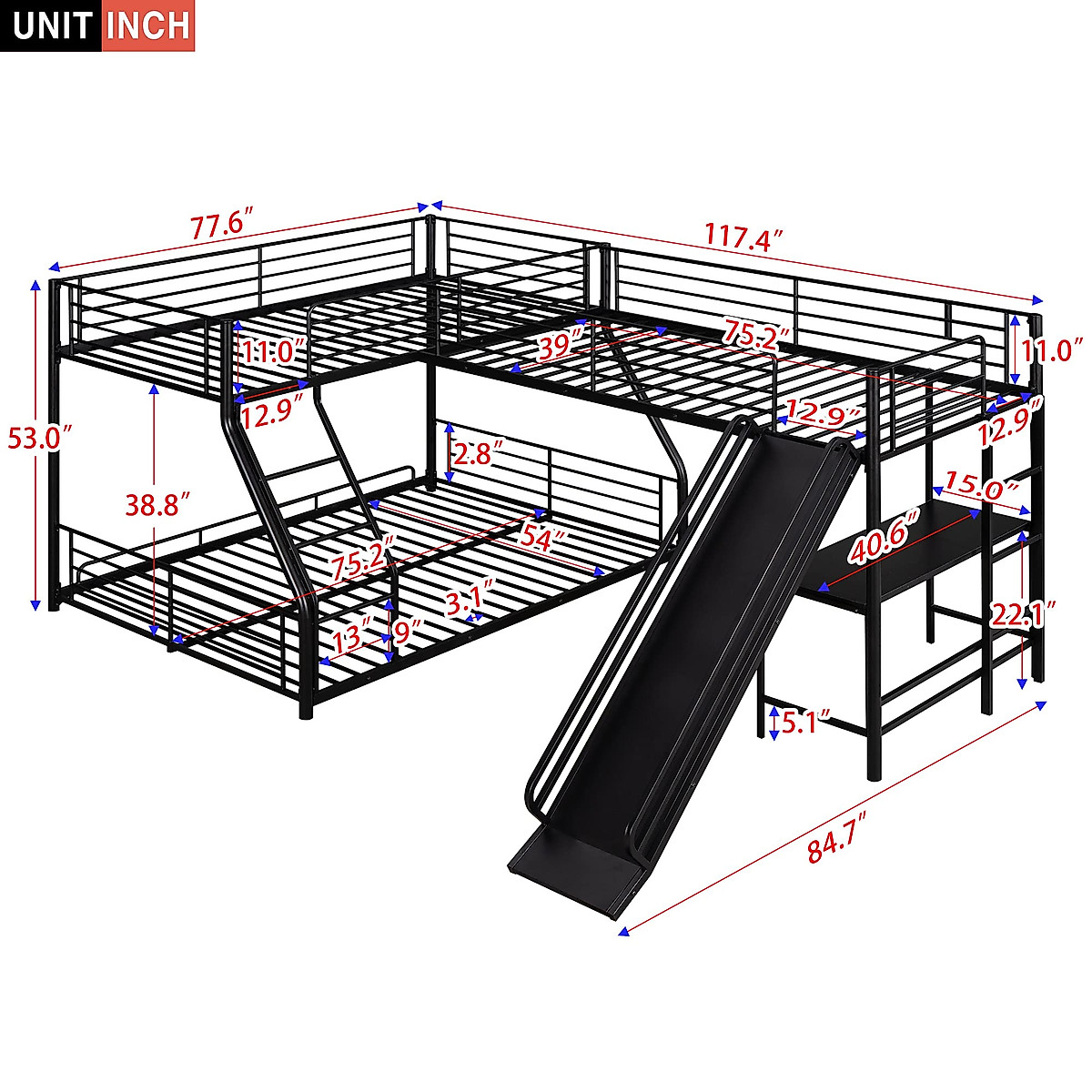 GINGVAT Twin Over Full BunkBed with LoftBed,L-Shaped Triple Bunk Bed with Slide,Built-in Desk for Kids,No Spring Box Required,Black