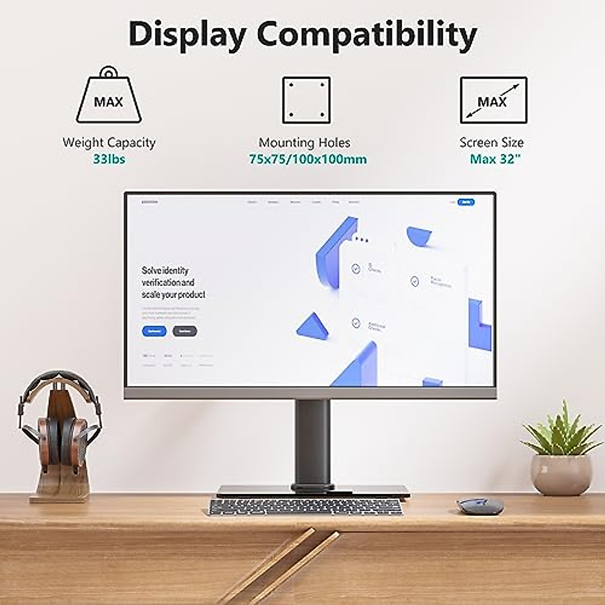 WALI Single Monitor Stand, Height Adjustable Monitor Mount, Free-Standing Desk Monitor Stand Riser with Mounting Holes 75 to 100mm Fits Monitor Screen up to 32 inch, 33lbs (GMF001N), Black