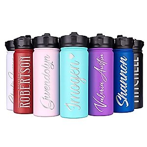 Personalized Water Bottle with Straw & Lid - 18 Oz, 9 Colors, Engraved 8 Designs - Sports Water Bottle Customized with Name or Text