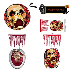 2 Sheets Halloween Toilet Lid Stickers 3D Horror Skull Bathroom Wall Decals DIY Scary Home Decor Bathroom Screaming Bloody Dark Creatures Decoration Poster for Halloween Punk Party Supplies