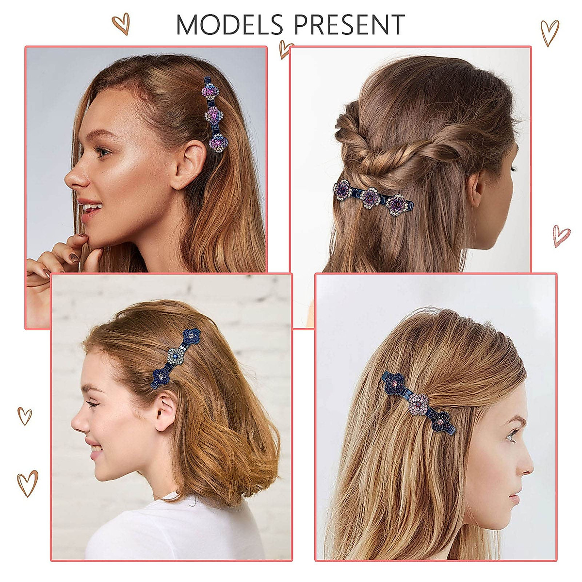 Hair Clips Accessories for Women Girls - 8-Pack Sparkling Crystal Stone Braided Hair Clips, Four-Leaf Clover Chopped Hairpin Duckbill Clip with 3 Small Clips for Styling Sectioning